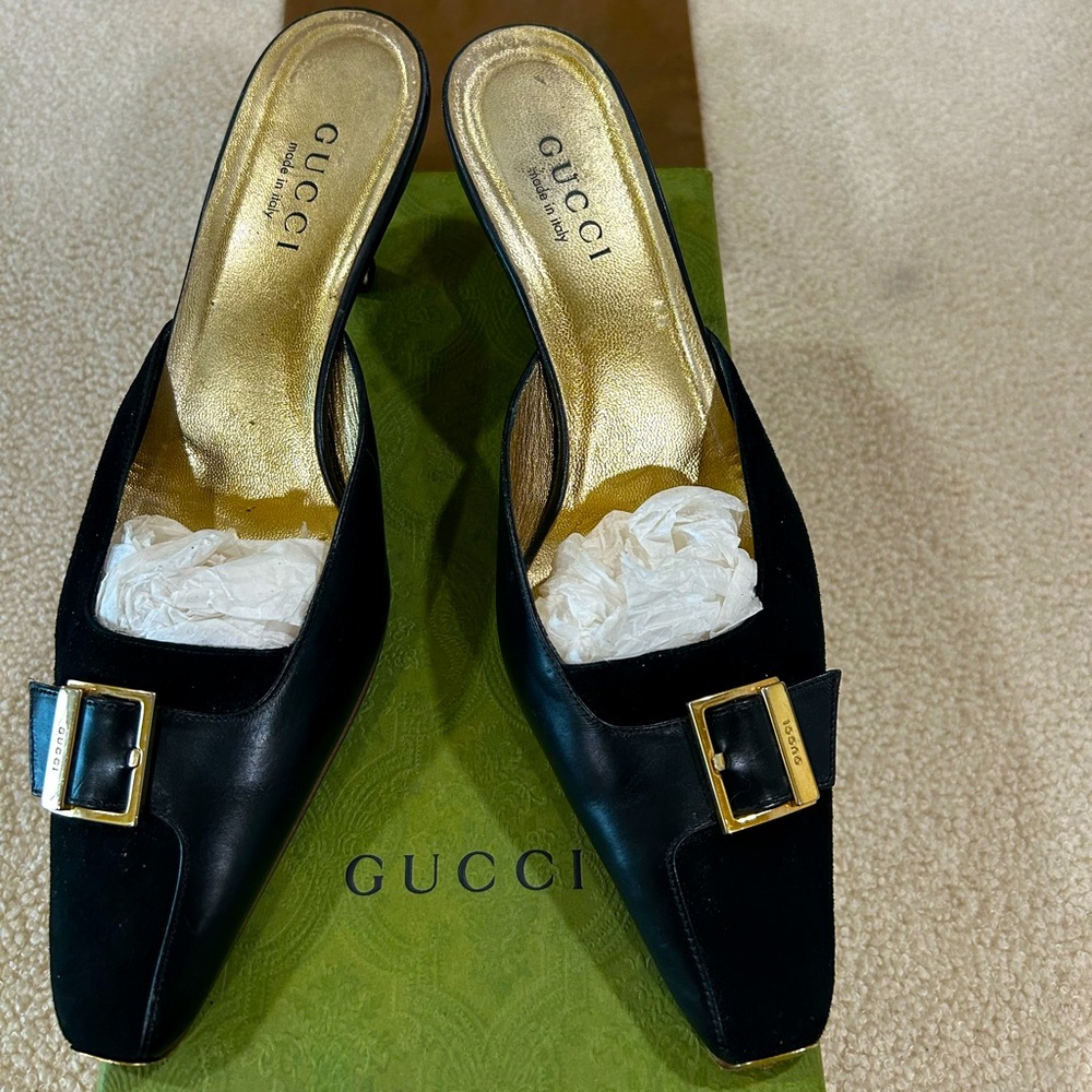 Authentic Gucci Suede And Leather Kitten Heel Mules S… - Gem